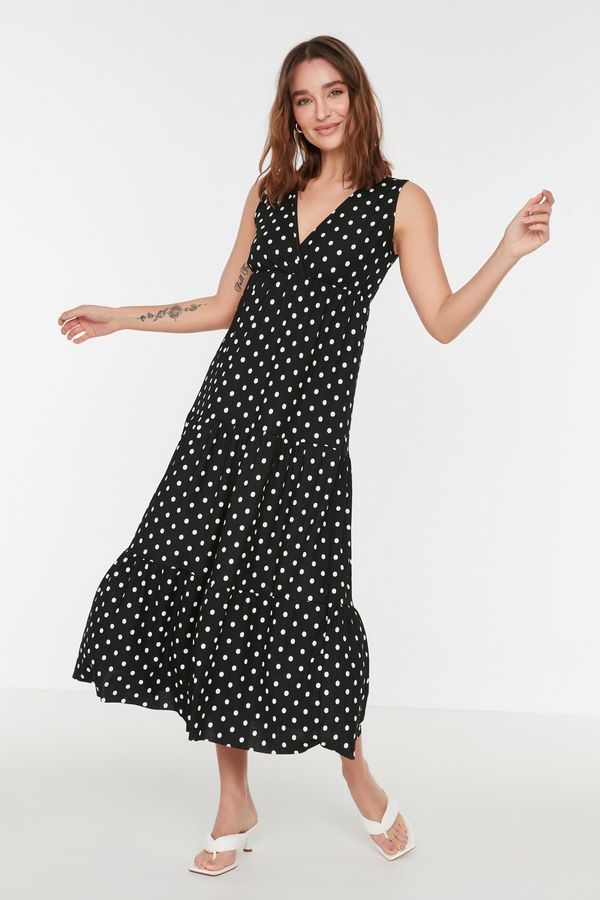 TRENDYOL BLACK FLORAL PATTERNED V-NECK SLEEVELESS A-LINE MAXI KNITTED DRESS