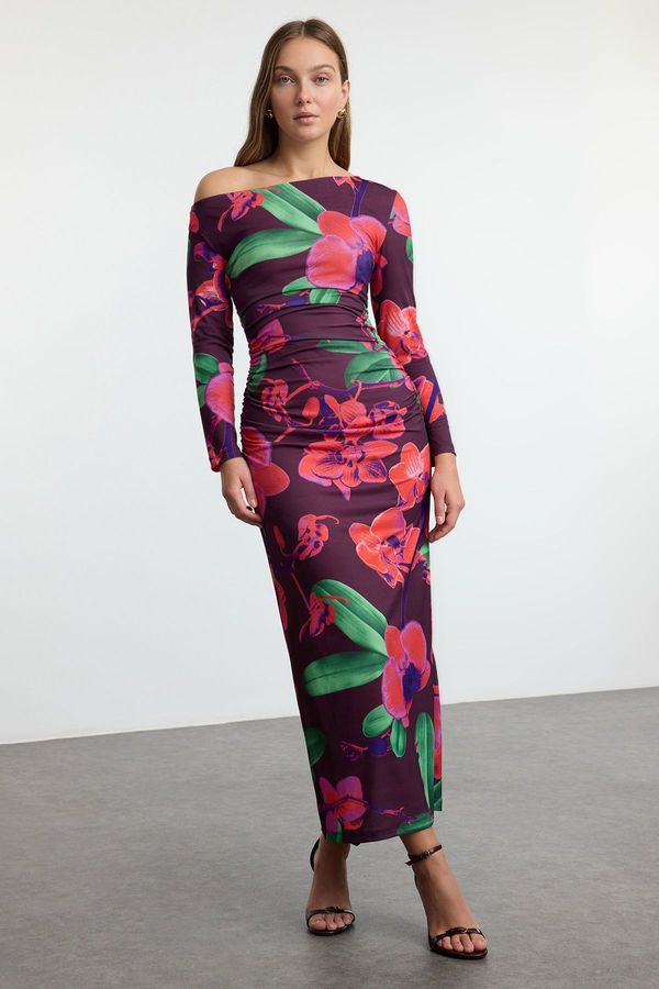 TRENDYOL MULTICOLORED FLORAL FITTED GATHER/DRAPE DETAIL MAXI KNIT DRESS