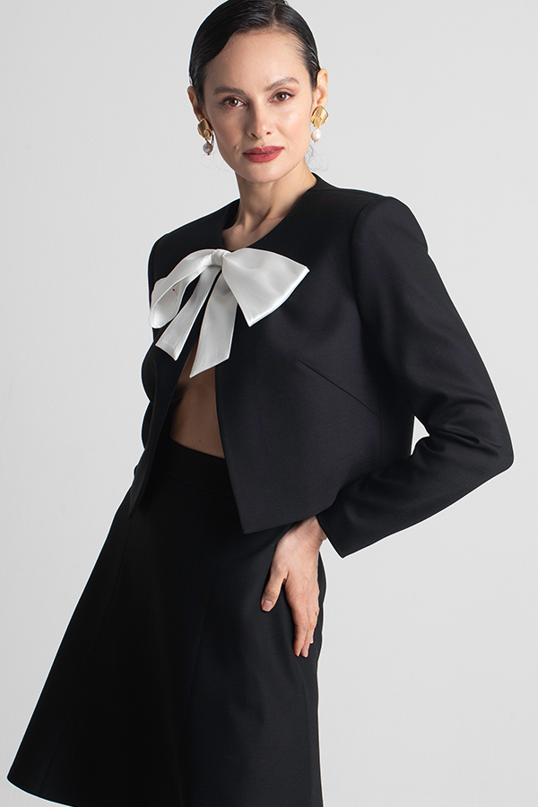 Cropped Black Jacket with Satin Bow