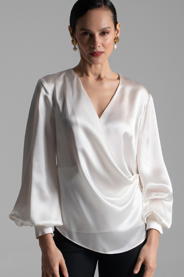 Draped White Silk Blouse