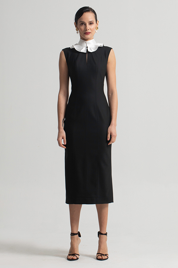 Black Midi Dress with White Statement Collar