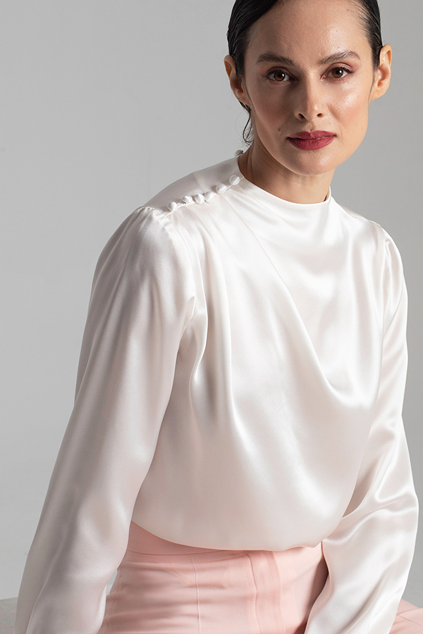 Ivory Silk Blouse with Pearl Button Detail