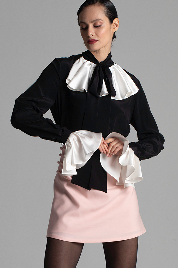 Black Silk Blouse with Sculptural Satin Bow