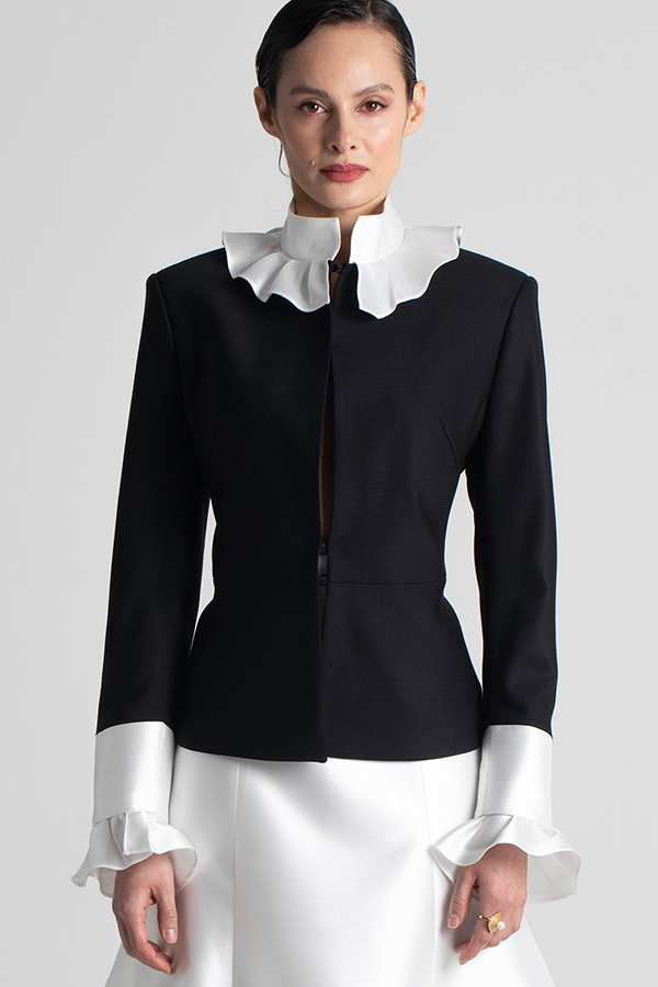 Structured Jacket with Ruffled Satin Detailing