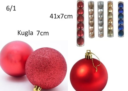 Novogodišnje kugle 6/1 7cm više boja ( 392003 )