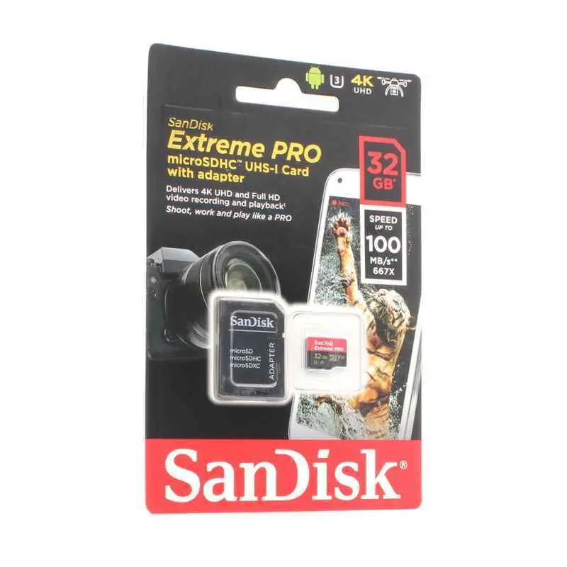 Mem,Kartica SanDisk SDHC 32GB Micro Extreme Pro 100MB/s C10 V30 U3+SD adaperom