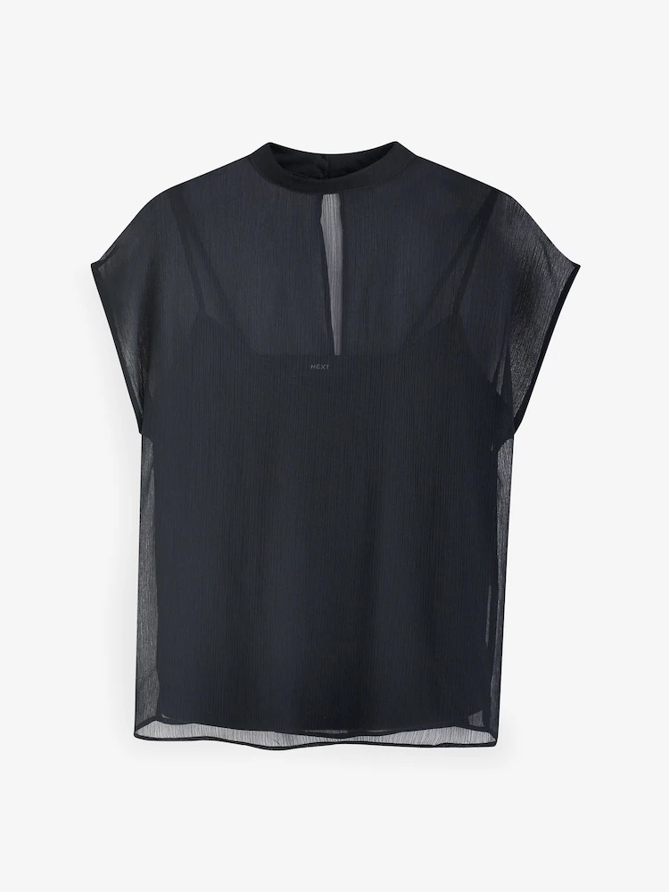 Crno - Sheer Layer Kratki rukav preko ramena Top