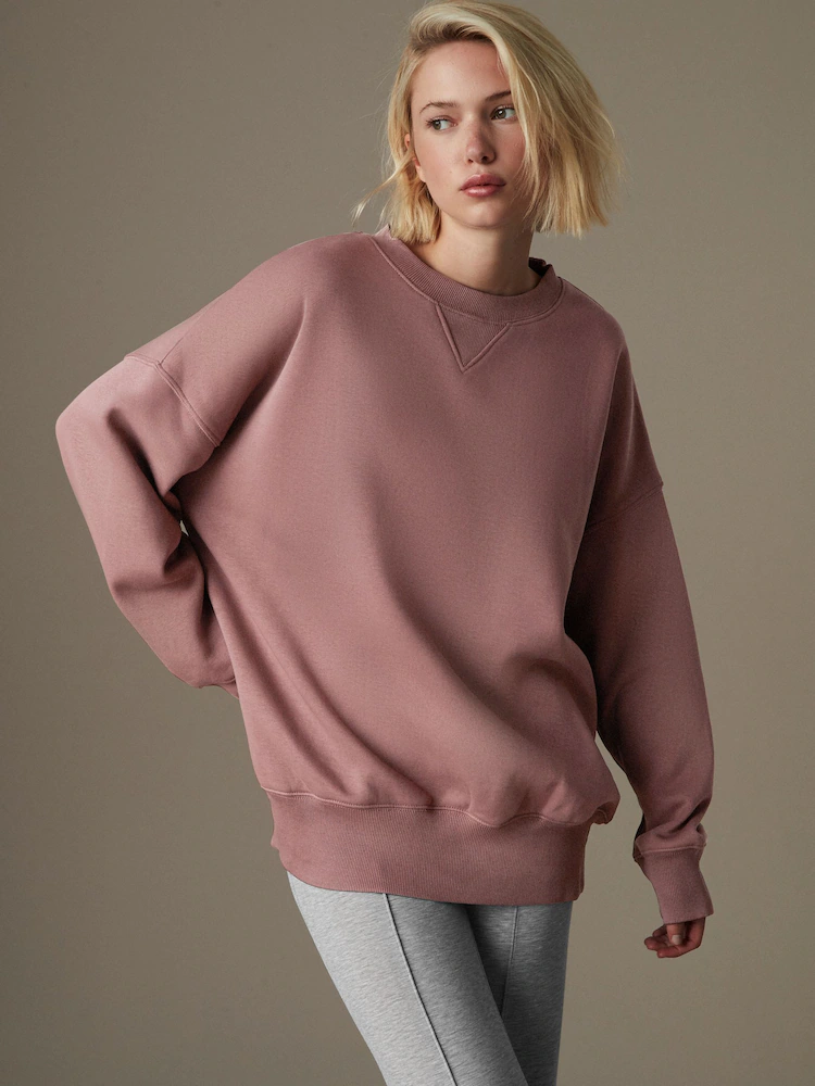 Taupe Braun - Oversized Relaxed Fit Heavyweight Brushed Longline Okrugli izrez Dukserica