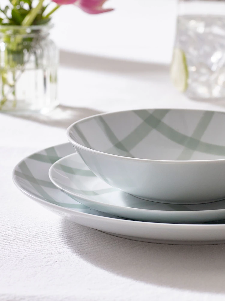 12 Piece Checked Pattern Dinner Set