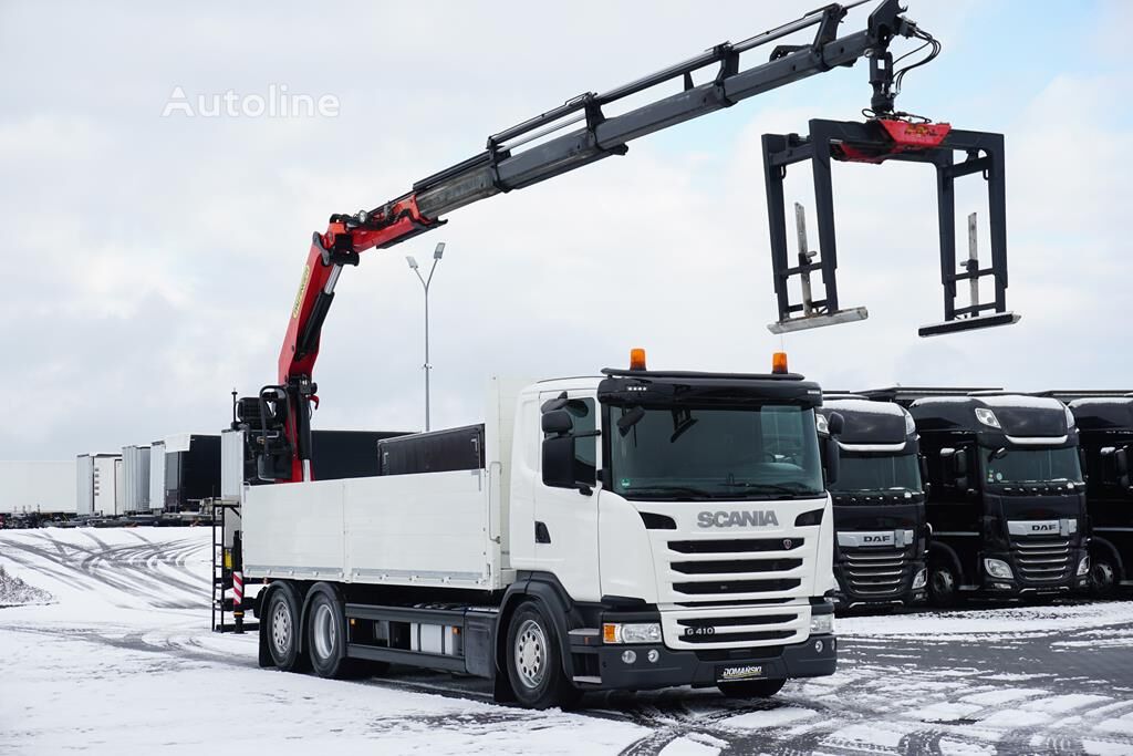 Scania G 410 / 6 X 2 / SKRZYNIOWY + HDS / PALFINGER PK 23002 / OŚ SKRĘ kamion s ravnom platformom