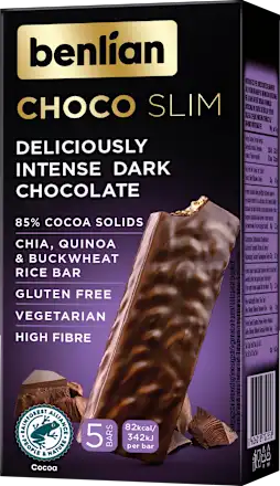 benlian
CHOCO SLIM snek proizvod od ekspandiranog pirinča sa čokoladnim prelivom sa 85% kakao delova, 5x16g, 80 g