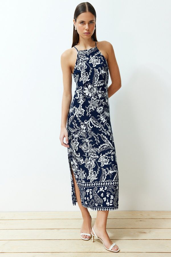 TRENDYOL NAVY BLUE FLORAL STRAIGHT CUT VISCOSE MAXI WOVEN DRESS
