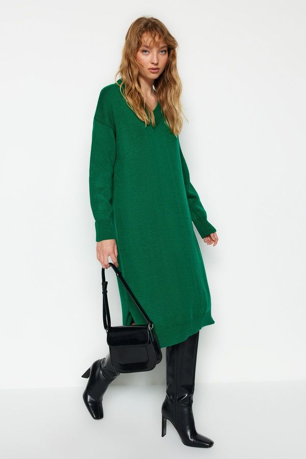 TRENDYOL EMERALD GREEN MAXI KNITWEAR WIDE PATTERN DRESS