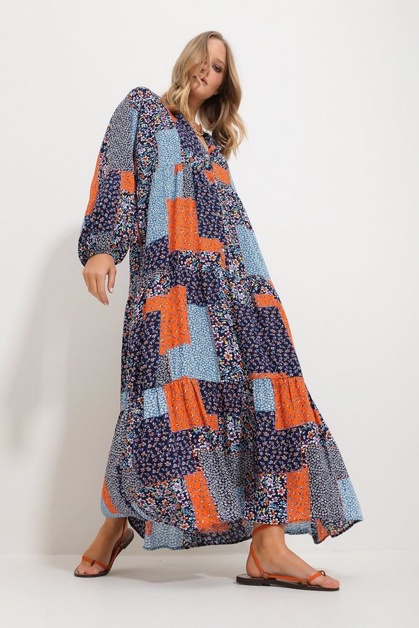 TREND ALAÇATI STILI WOMEN'S BLUE-ORANGE GRAND COLLAR SHAWL PATTERNED MAXI LENGTH DRESS