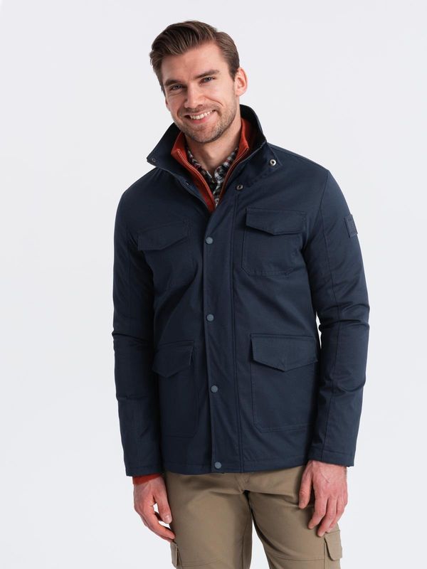 OMBRE MEN'S LIGHTWEIGHT JACKET WITH HIGH COLLAR AND POCKETS - NAVY BLUE