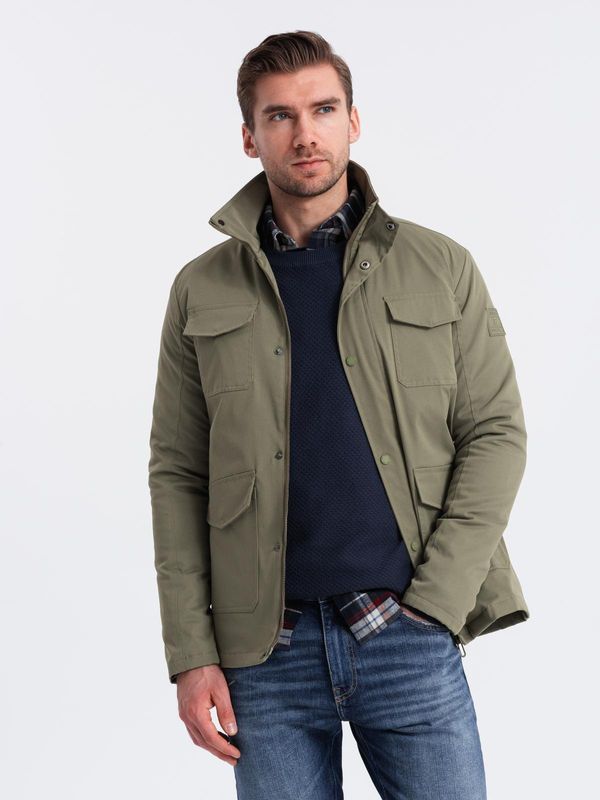 OMBRE MEN'S LIGHTWEIGHT JACKET WITH POCKETS AND HIGH COLLAR - KHAKI