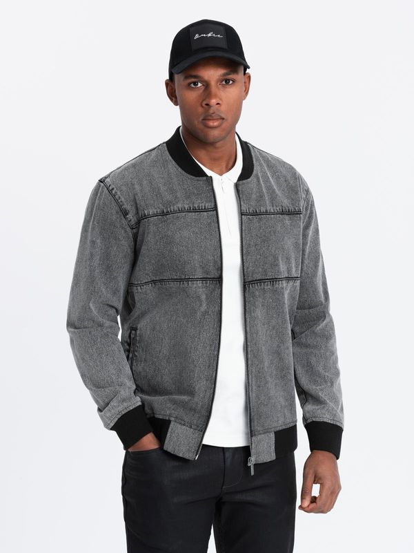 OMBRE MEN'S DENIM BOMBER JACKET WITH STONE WASH EFFECT - GREY