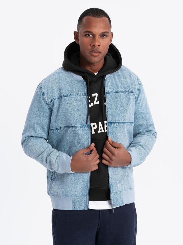 OMBRE MEN'S DENIM BOMBER JACKET WITH STONE WASH EFFECT - LIGHT BLUE