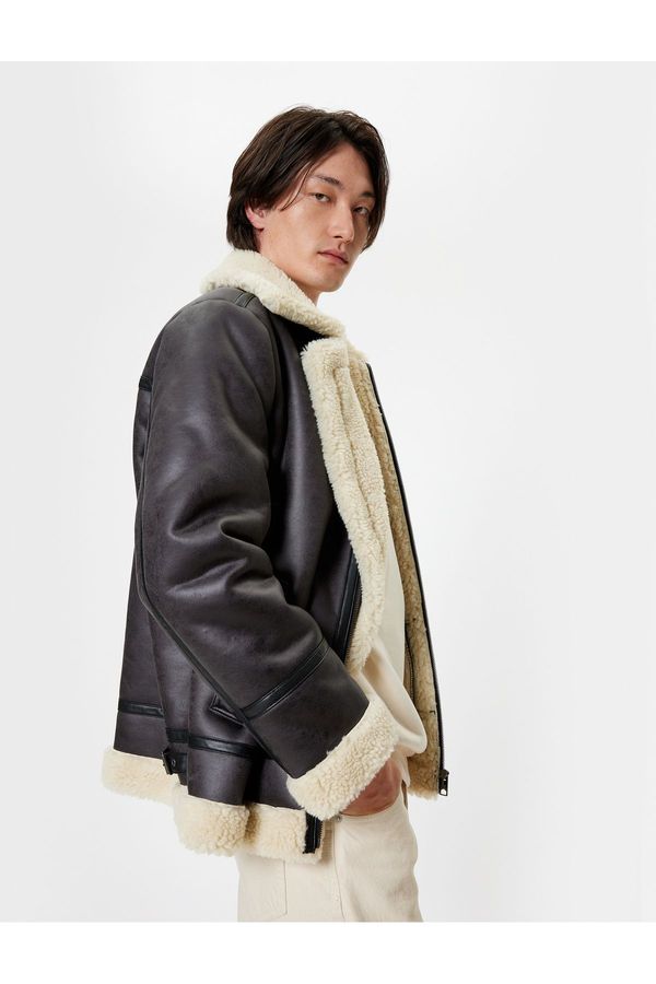 KOTON FAUX LEATHER JACKET WITH PLUSH DETAIL AND ZIPPER