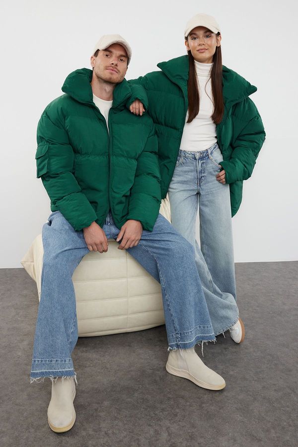 TRENDYOL UNISEX GREEN TASLAN RELAXED FIT WINTER PUFFER COAT