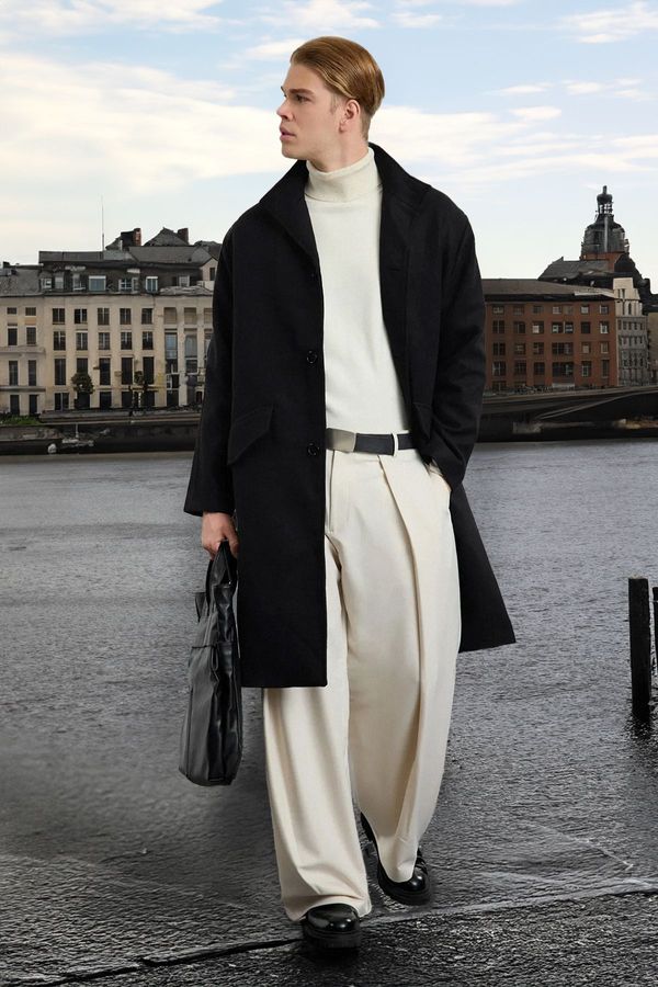 TRENDYOL BLACK OVERSIZE FIT STAND COLLAR LONG STASH WINTER COAT