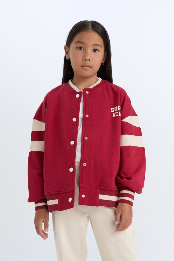 DEFACTO GIRLS COLLEGE COLLAR PRINTED SNAP CLOSURE SOFT FURRY BOMBER CARDIGAN