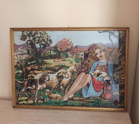 Vilerov goblen Pastirica u masivnom ramu 72x50cm