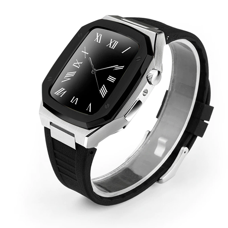 Apple Watch Luxury crna narukvica od Kaucuka sa metalnim sivim kucistem 45 mm