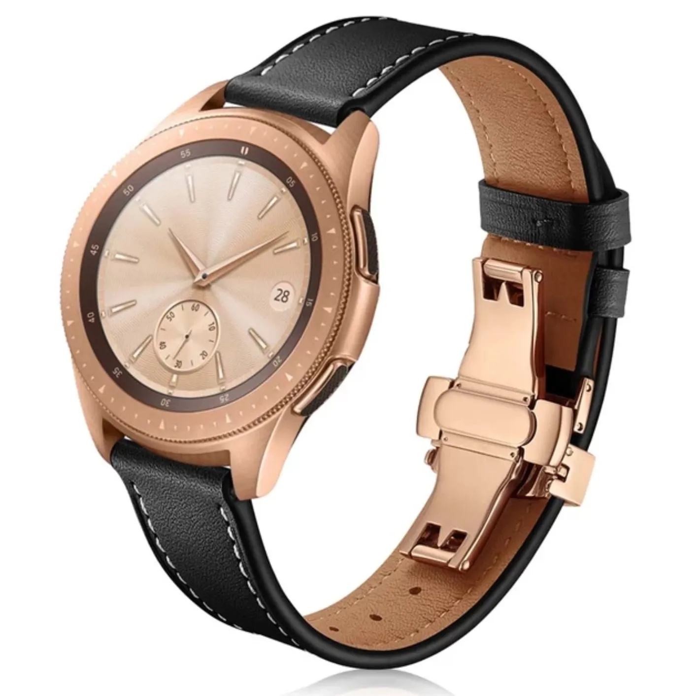 Crna kozna narukvica 20 mm sa rose gold kopcom Samsung Watch 4/5/6 40mm, 42mm, 43mm, 44mm, 46mm, 47mm