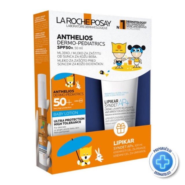 LA ROCHE-POSAY ANTHELIOS DP SPF50+ MLEKO ZA ZAŠTITU OD SUNCA ZA OSETLJIVU KOŽU BEBA, 50 ML + LIPIKAR SYNDET AP+ KREMASTI GEL ZA TUŠIRANJE OBOGAĆEN LIPIDIMA ZA SVAKODNEVNO PRANJE OSETLJIVE SUVE KOŽ...