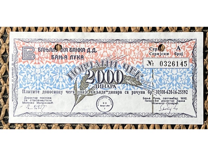 bankovni cek Banka Banja Luka 2000 din 1992.g (4.)