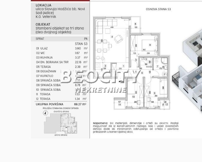 Trosoban stan, 69 m2, Adice, Steva Čuturila ID: 116109