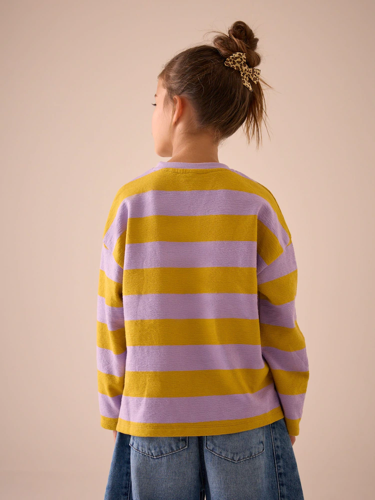 Purple/Ochre - Oversized Long Sleeve Textured 100% Cotton T-Shirt (3-16yrs)