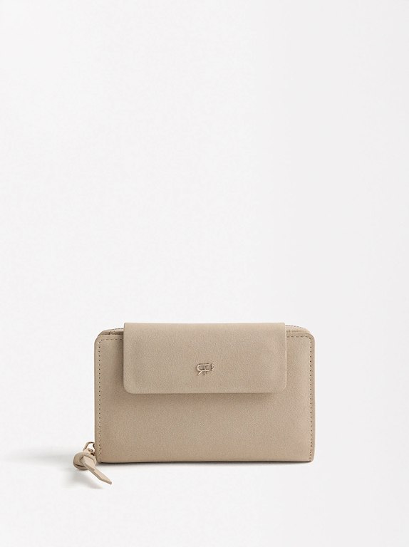 Flap closure wallet with faux leather effect