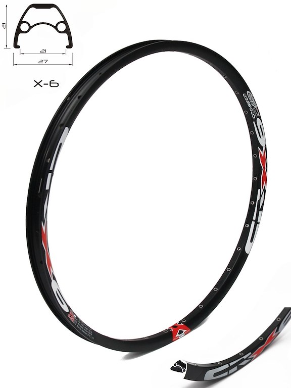 FELGA RIM 27.5"(584x21), X6, 36 rupe, CRNA, za DISK kočnice
X-6 Dvozidni profil za vožnju po zahtevnim terenima (MTB), samo za disk kočnice. Sa ojačanjem oko rupa za žice od nerđajućeg čelika.