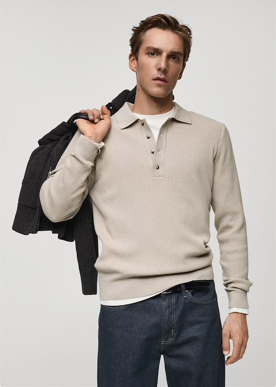 Cotton-blend ribbed polo sweater