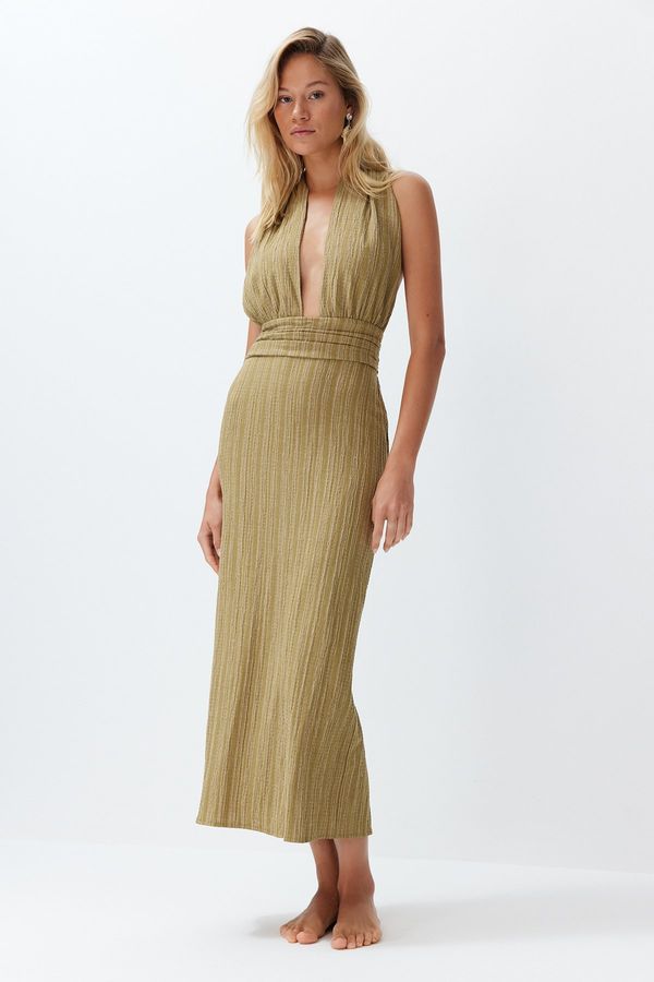 TRENDYOL KHAKI MAXI WOVEN DECOLLETE LINEN BLEND BEACH DRESS