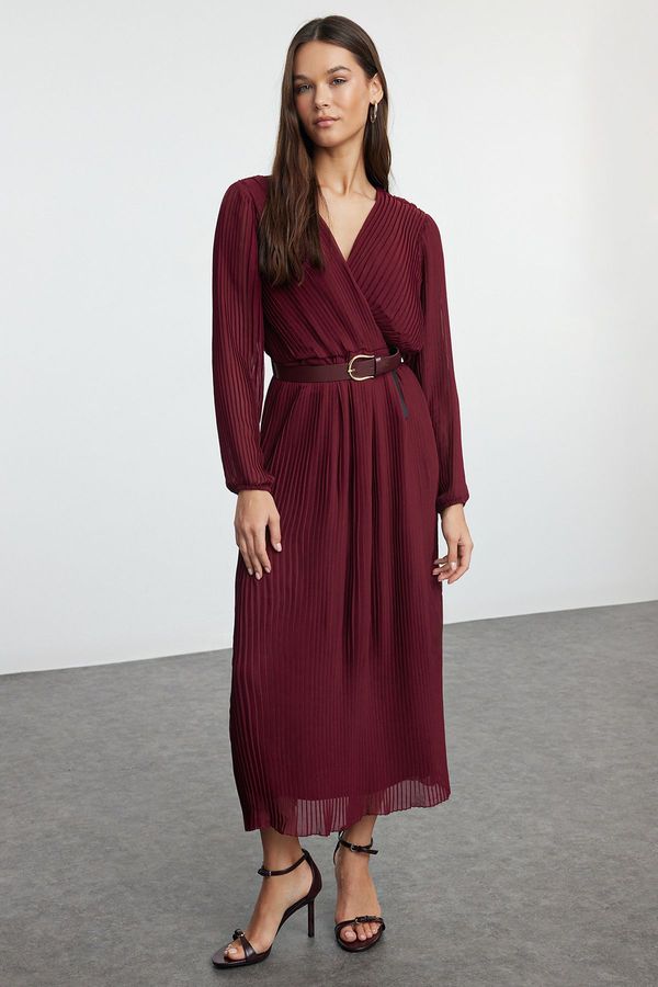 TRENDYOL BURGUNDY BELTED A-LINE PLEATED MAXI LINED CHIFFON WOVEN DRESS