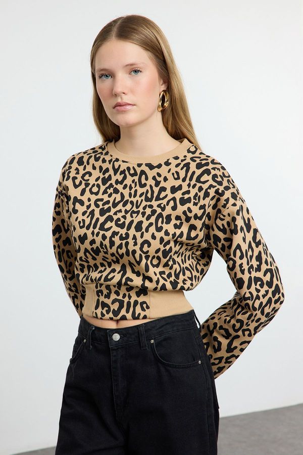 TRENDYOL BROWN ANIMAL LEOPARD PATTERNED REGULAR/NORMAL PATTERN KNITTED SWEATSHIRT