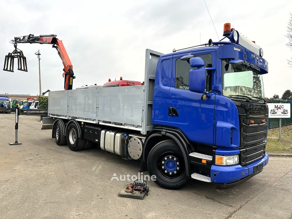 Scania G420 6x2 BAUSTOFF PLATFORM 6m25 + KRAN PALFINGER PK 18002 EH + R kamion s ravnom platformom