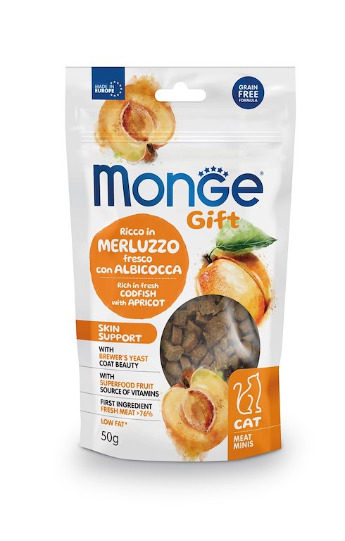 Monge Meat Minis Skin support poslastica za mačke bakalar sa kajsijom 50gr