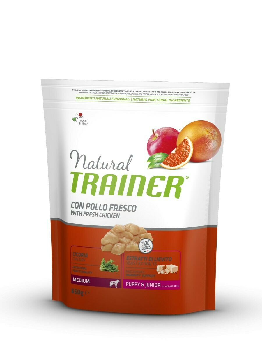 Trainer Natural Dog sa svežom piletinom za štence i mlade pse srednjih rasa 650g