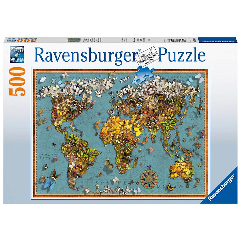 Ravensburger puzzle (slagalice) - 500pcs Mapa sveta sa leptirima RA15043