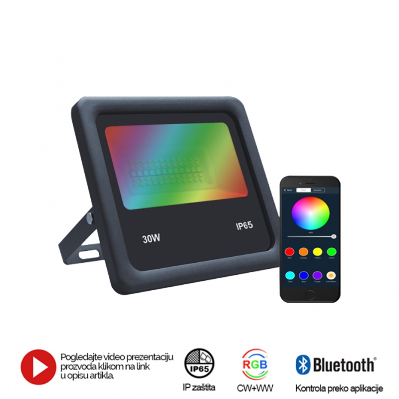 LED reflektor BR-FL30W-04AZ crni 30W RGB Bluetooth