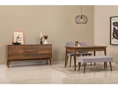 HANAH HOME Vina 02 0701 Walnut Grey Produživi trpezarijski sto, stolice i konzola (5 komada))