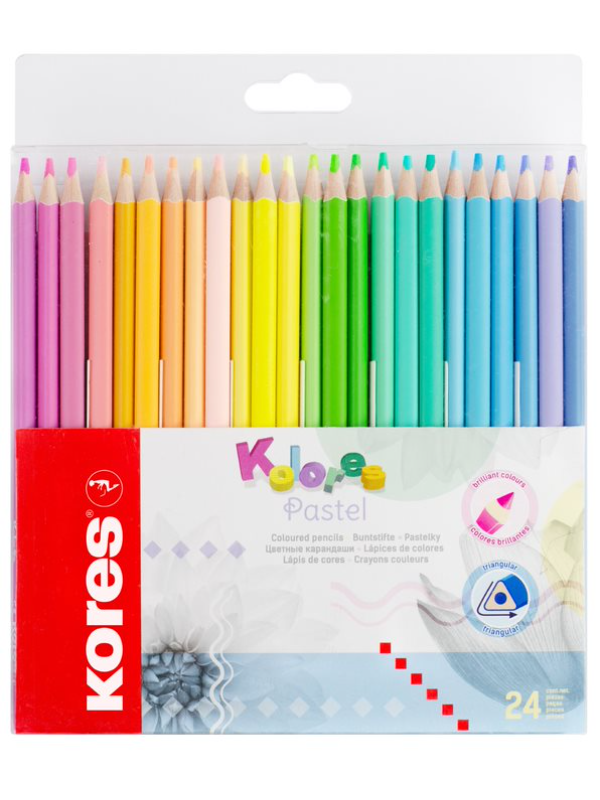 Drvene trouglaste bojice „KOLORES Pastel“, od 3mm, 24/1 u plastičnoj kutiji koja visi