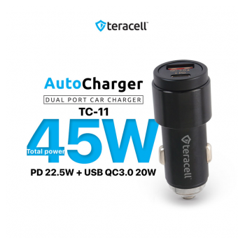 Auto punjac Teracell Evolution TC-11 PD 22.5W + USB QC3.0 20W, 45W (total) sa Type-C kablom crni