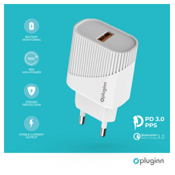 Kucni punjac Pluginn PI-D52S, QC3.0 18W sa kablom USB na Lightning beli