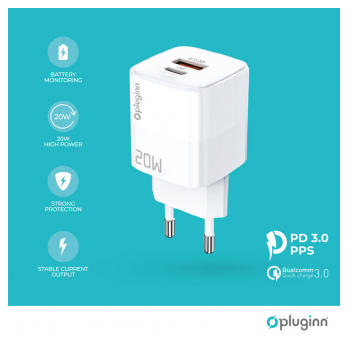 Kucni punjac Pluginn PI-D73, QC3.0 PD3.0, PPS, USB-PD 18W+20W, 38W (total) beli