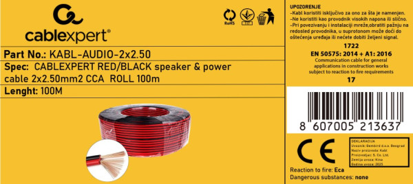 KABL-AUDIO-2X2.50 KABL ZA ZVUCNIKE, MIKROFON, NAPAJANJE, 2×2.5MM CRNO/CRVENI 100M